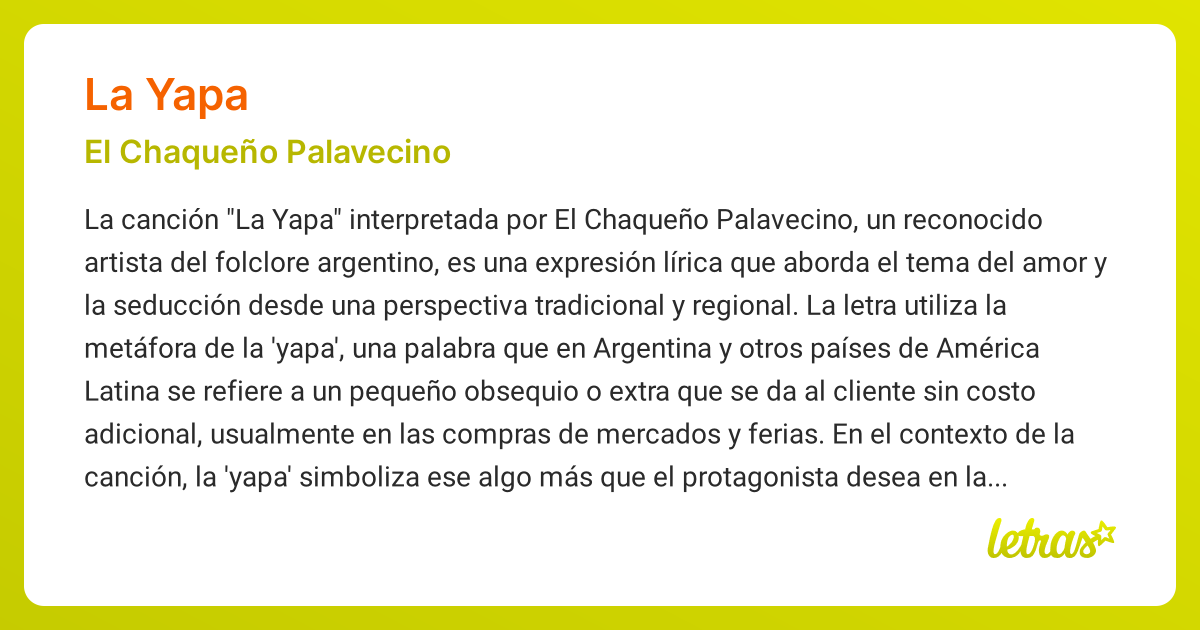 Significado de la canción LA YAPA (El Chaqueño Palavecino) - LETRAS.COM