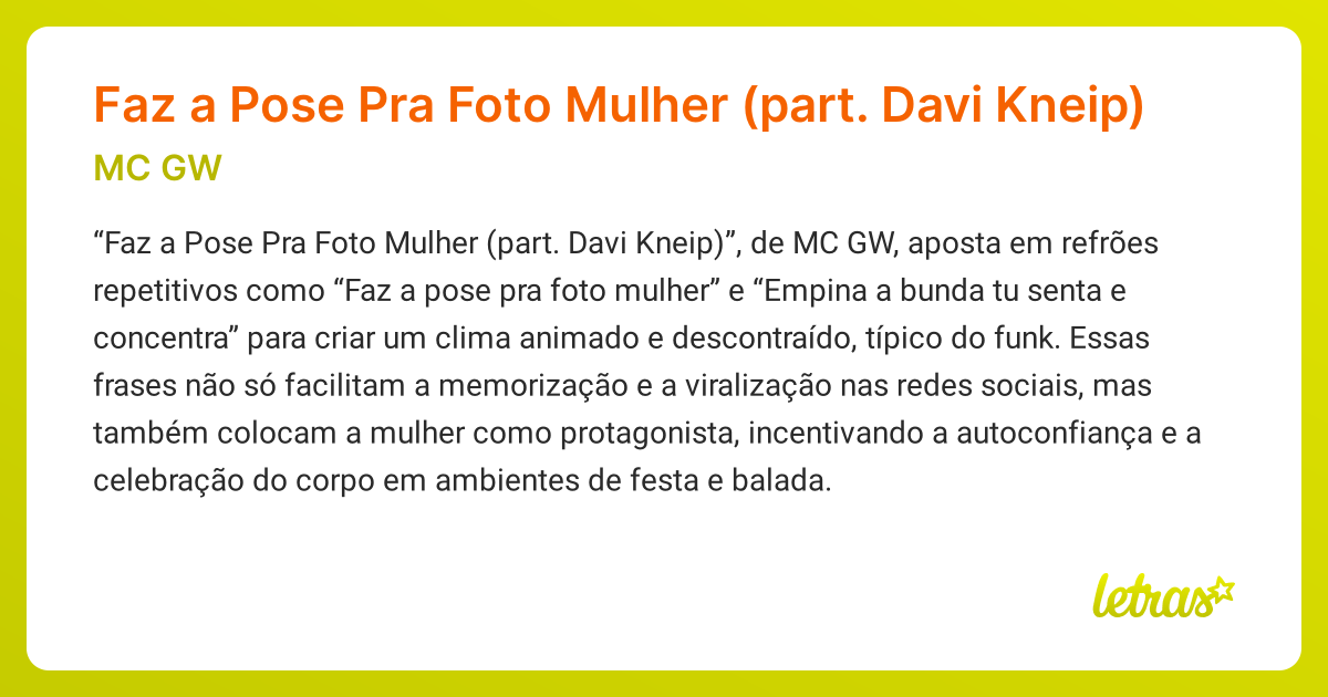 Significado da música Faz a Pose Pra Foto Mulher (part. Davi Kneip) (MC ...