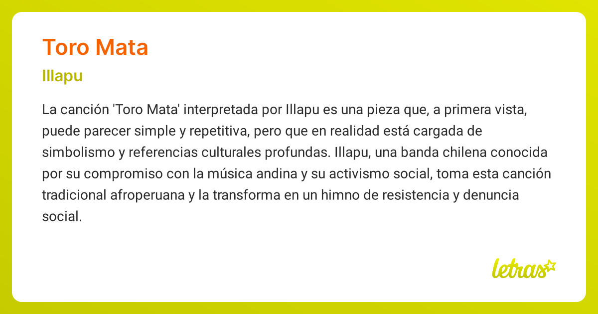 Significado de la canción TORO MATA (Illapu) - LETRAS.COM