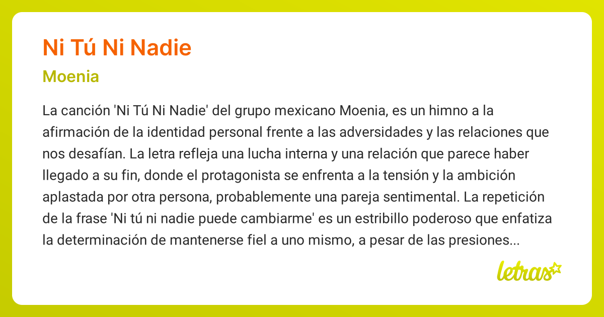 Significado de la canción NI TÚ NI NADIE (Moenia) - LETRAS.COM