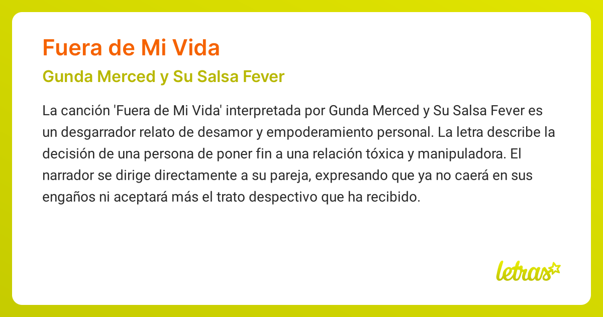 Significado de la canción FUERA DE MI VIDA (Gunda Merced y Su Salsa ...