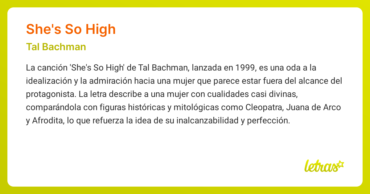 Significado de la canción SHE'S SO HIGH (Tal Bachman) - LETRAS.COM