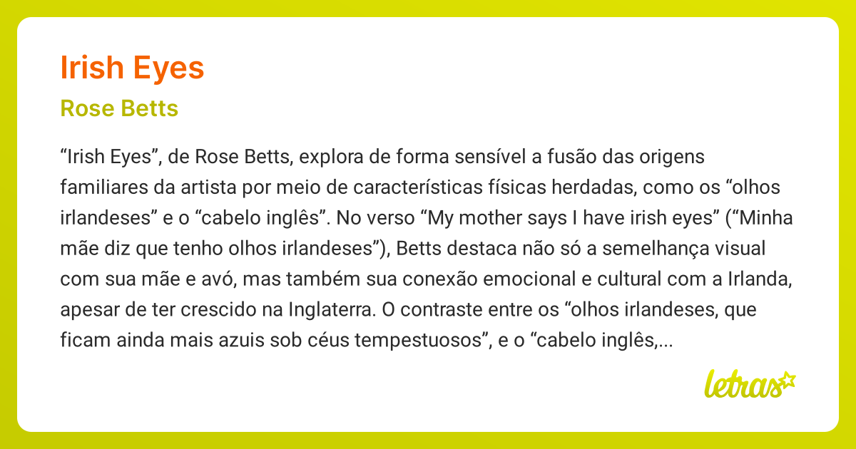 Significado da música IRISH EYES (Rose Betts) - LETRAS.MUS.BR
