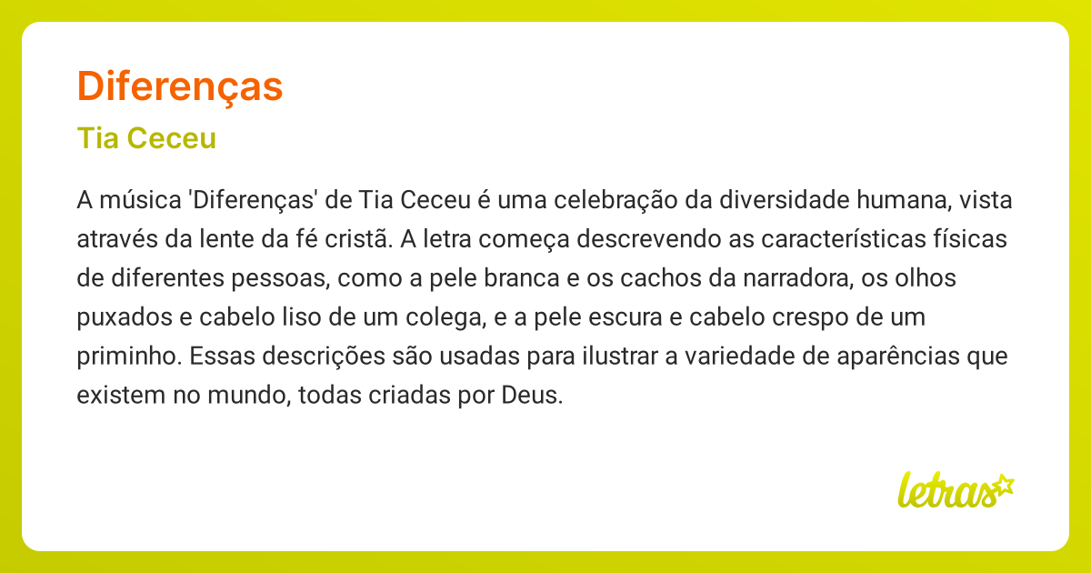 Significado da música DIFERENÇAS (Tia Ceceu) - LETRAS.MUS.BR