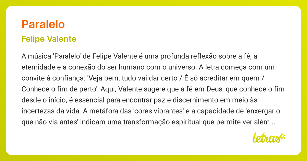 Significado da música PARALELO (Felipe Valente) - LETRAS.MUS.BR