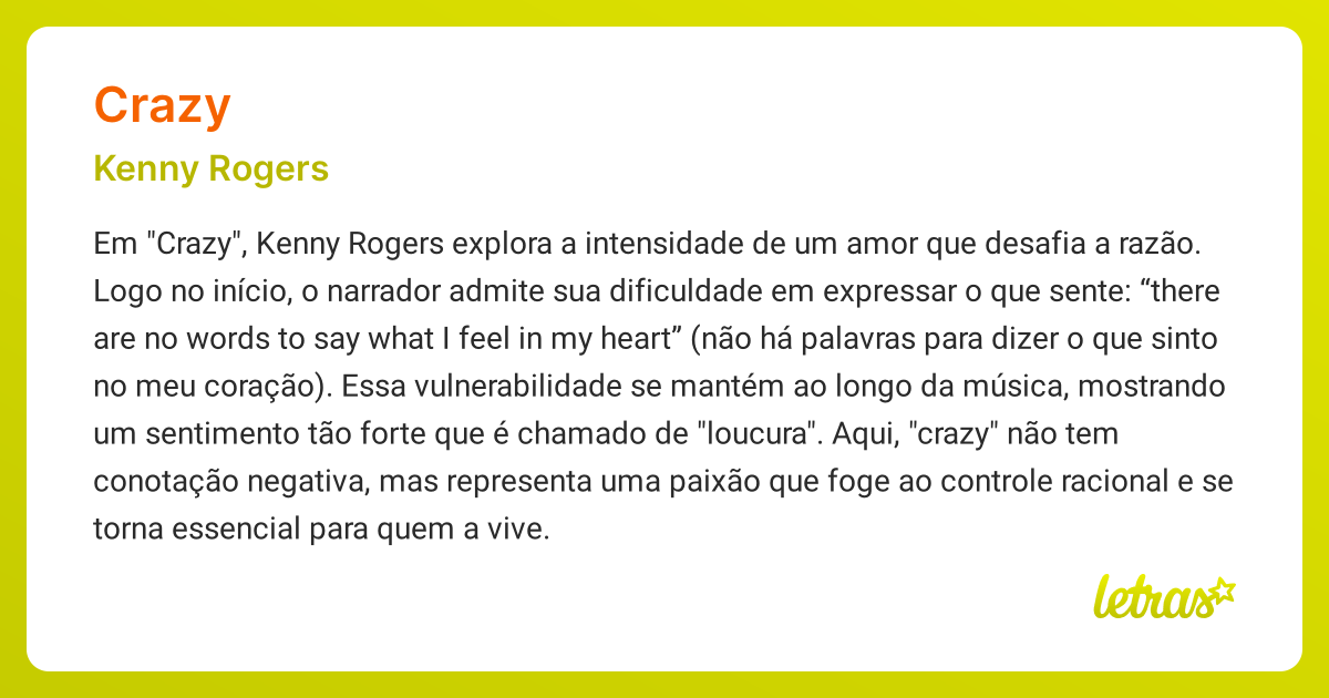 Significado da música CRAZY (Kenny Rogers) - LETRAS.MUS.BR