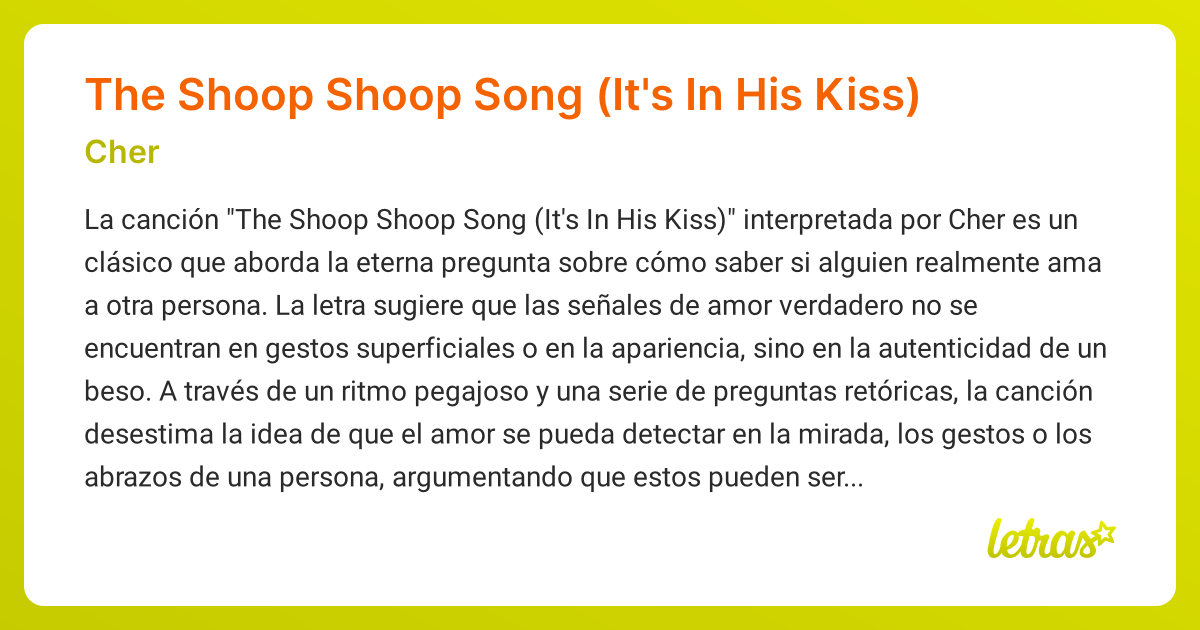 Significado de la canción The Shoop Shoop Song (It's In His Kiss) (Cher ...