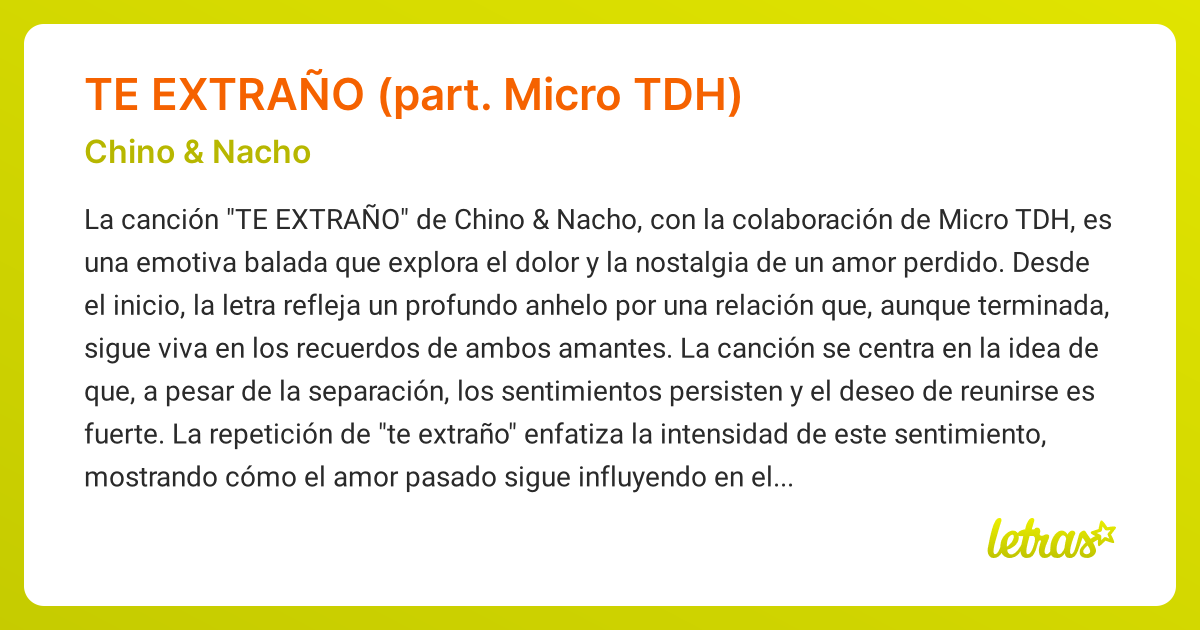 Significado de la canción TE EXTRAÑO (PART. MICRO TDH) (Chino & Nacho ...