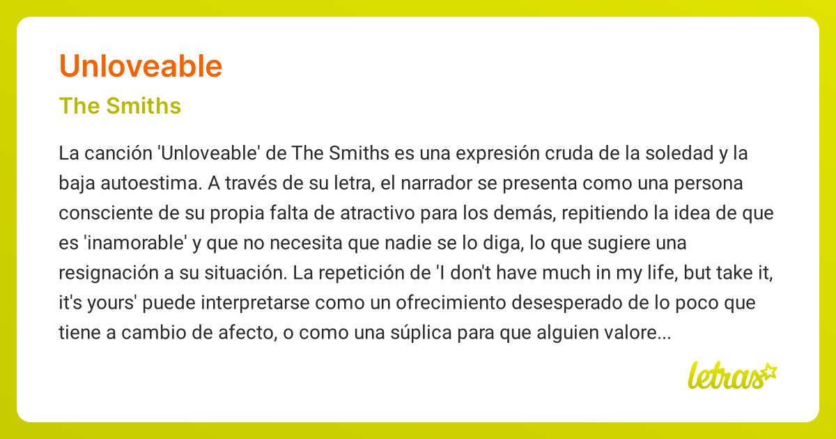 Significado de la canción UNLOVEABLE (The Smiths) - LETRAS.COM