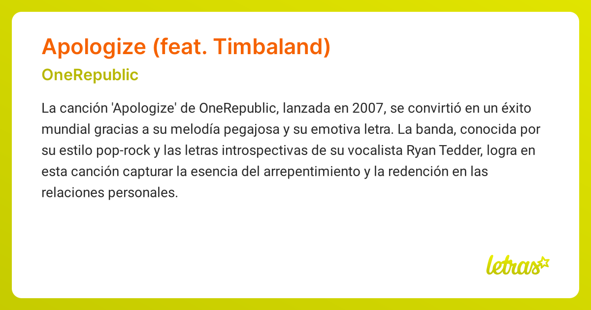 Significado de la canción APOLOGIZE (FEAT. TIMBALAND) (OneRepublic ...