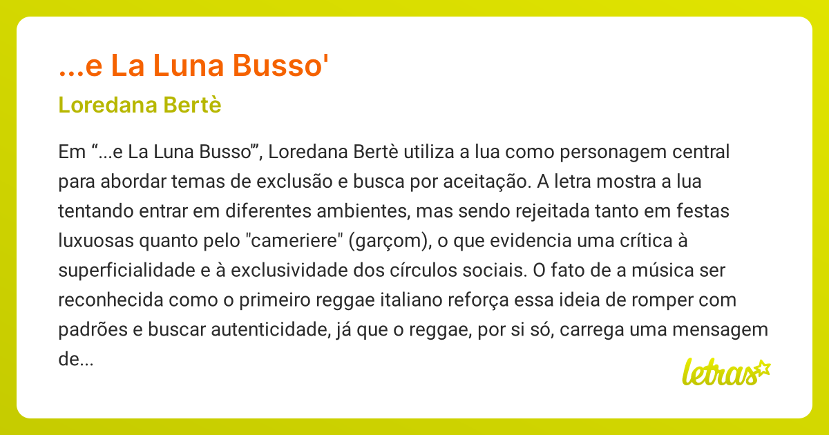 Significado da música ...E LA LUNA BUSSO' (Loredana Bertè) - LETRAS.MUS.BR