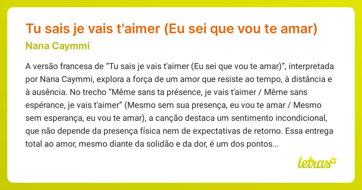 Significado da música Tu sais je vais t'aimer (Eu sei que vou te amar ...