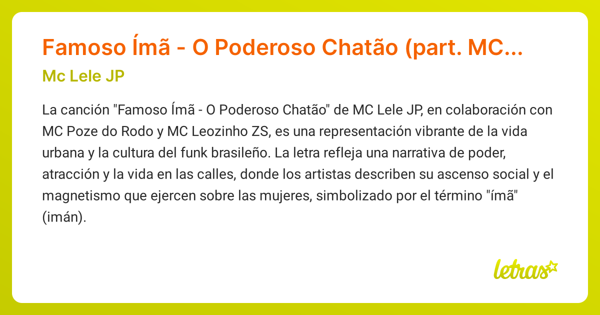 Significado de la canción Famoso Ímã - O Poderoso Chatão (part. MC Poze ...