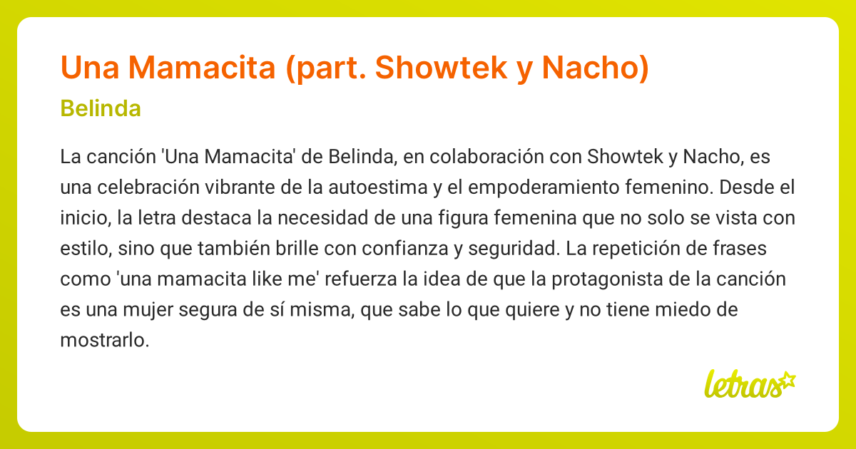 Significado de la canción Una Mamacita (part. Showtek y Nacho) (Belinda) - LETRAS.COM