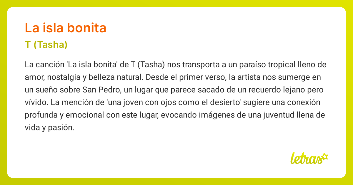 Significado de la canción LA ISLA BONITA (T (Tasha)) - LETRAS.COM