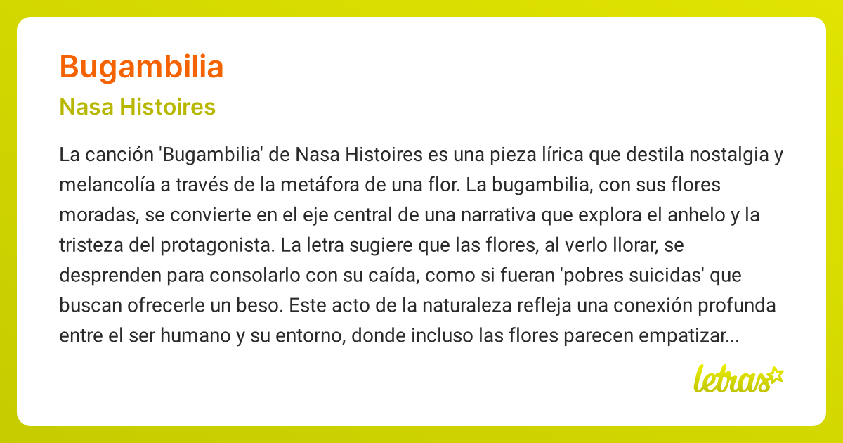 Significado de la canción BUGAMBILIA (Nasa Histoires) - LETRAS.COM