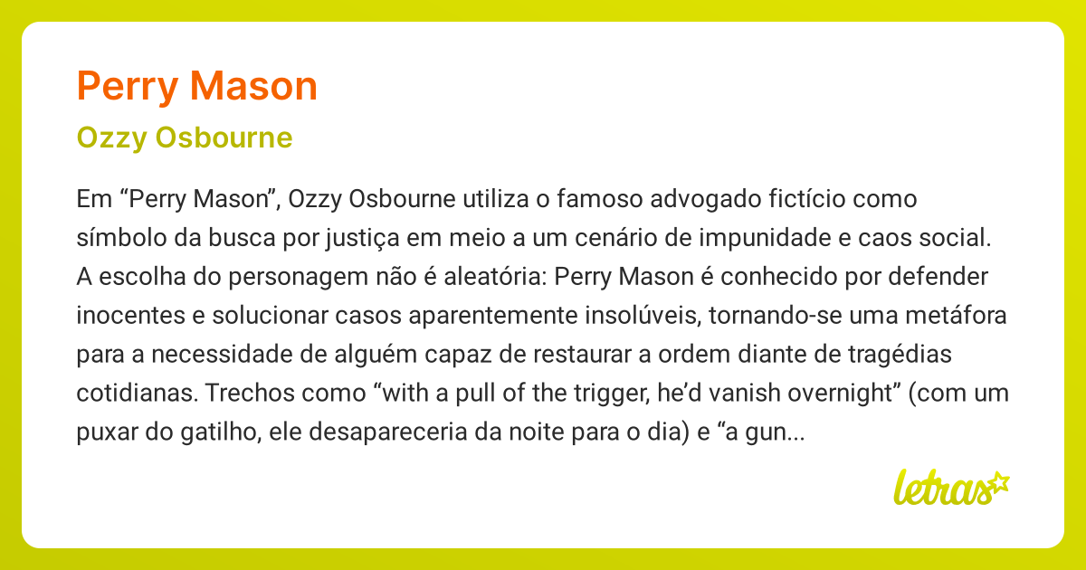 Significado da música PERRY MASON (Ozzy Osbourne) - LETRAS.MUS.BR