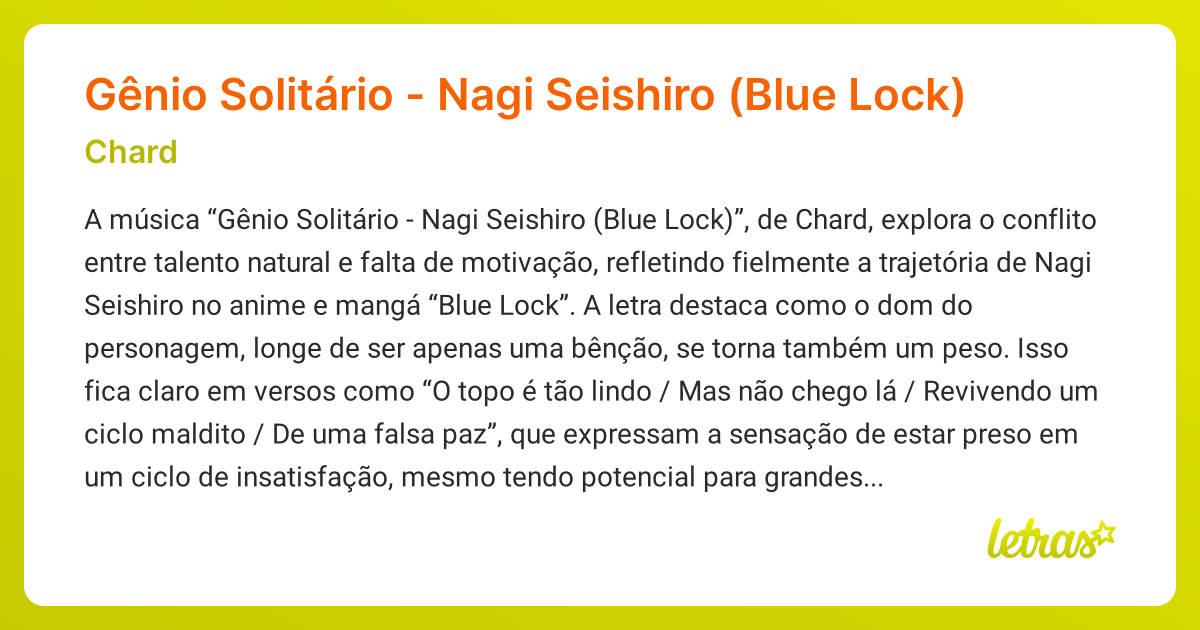 Significado da música Gênio Solitário - Nagi Seishiro (Blue Lock ...
