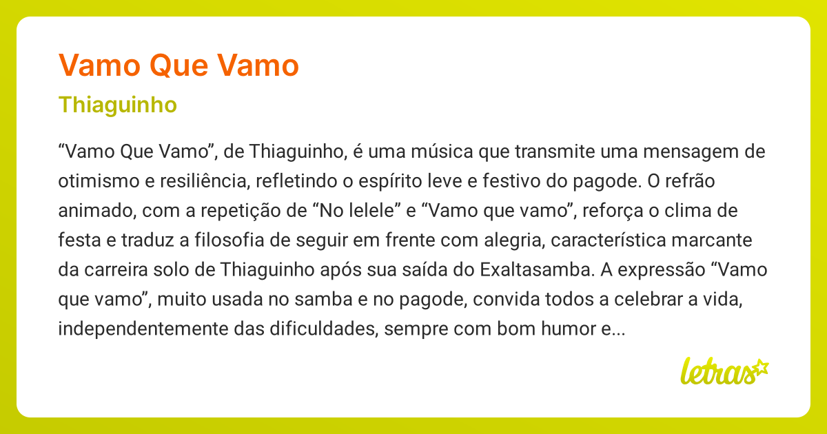 Significado da música VAMO QUE VAMO (Thiaguinho) - LETRAS.MUS.BR