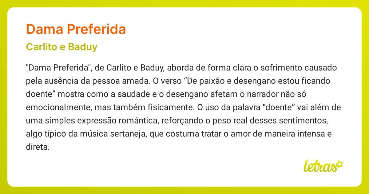 Significado da música DAMA PREFERIDA (Carlito e Baduy) - LETRAS.MUS.BR