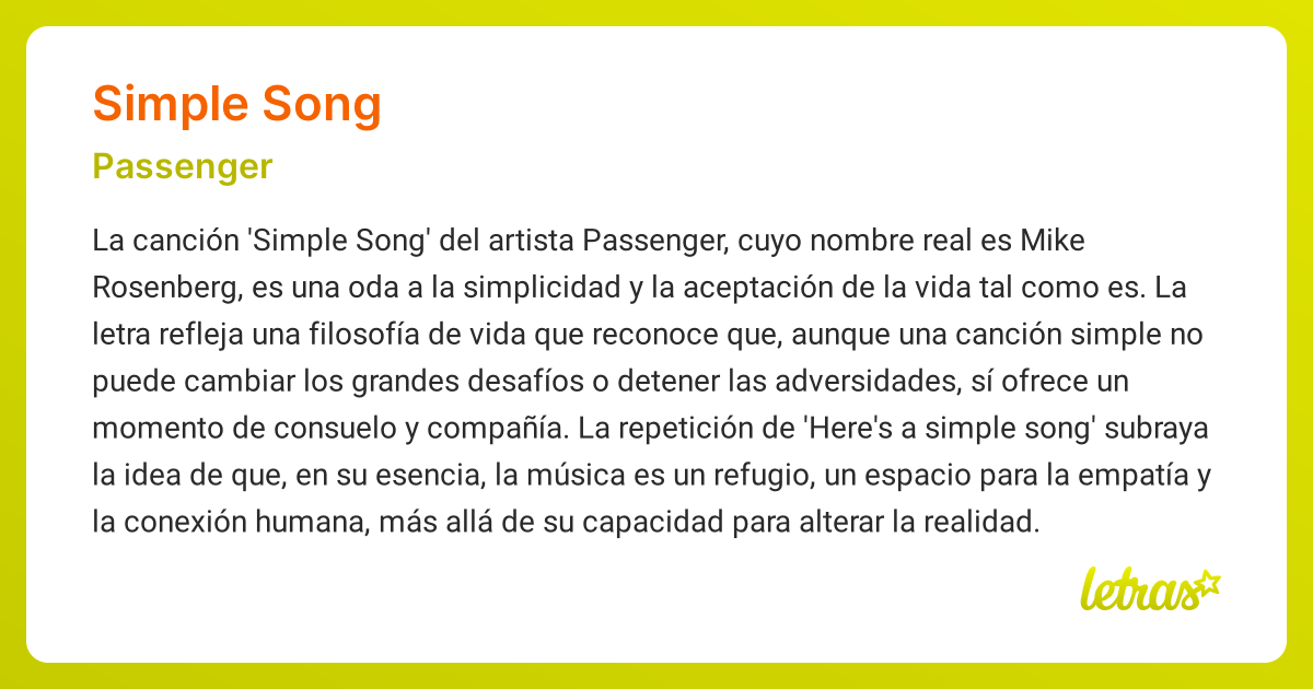 Significado de la canción SIMPLE SONG (Passenger) - LETRAS.COM