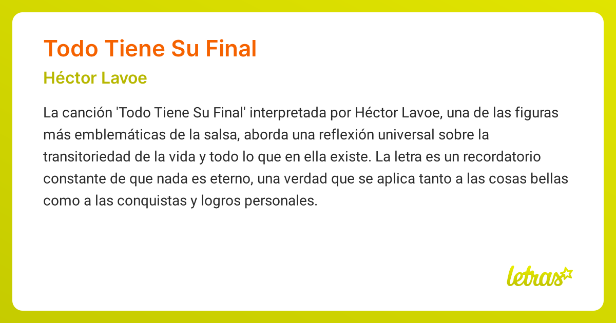 Significado de la canción TODO TIENE SU FINAL (Héctor Lavoe) - LETRAS.COM