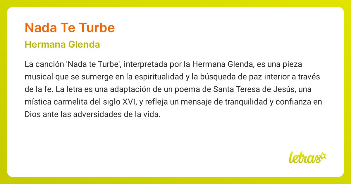 Significado de la canción NADA TE TURBE (Hermana Glenda) - LETRAS.COM