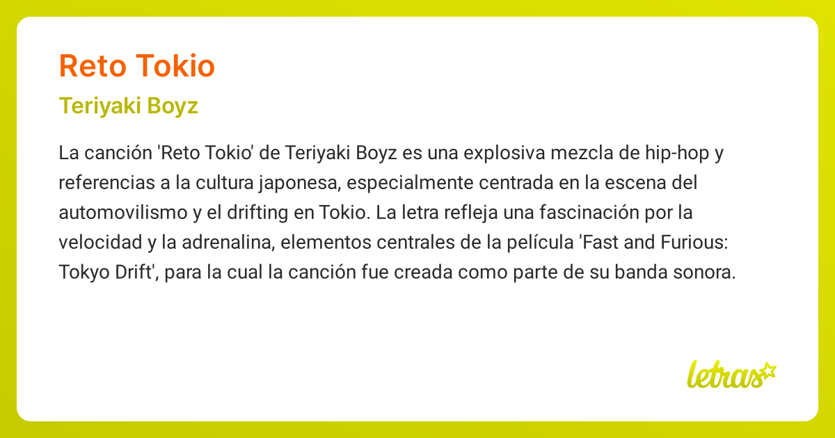 Significado de la canción RETO TOKIO (Teriyaki Boyz) - LETRAS.COM