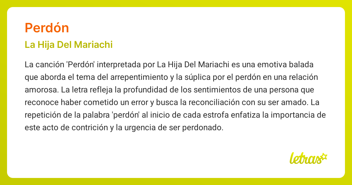 Significado de la canción PERDÓN (La Hija Del Mariachi) - LETRAS.COM
