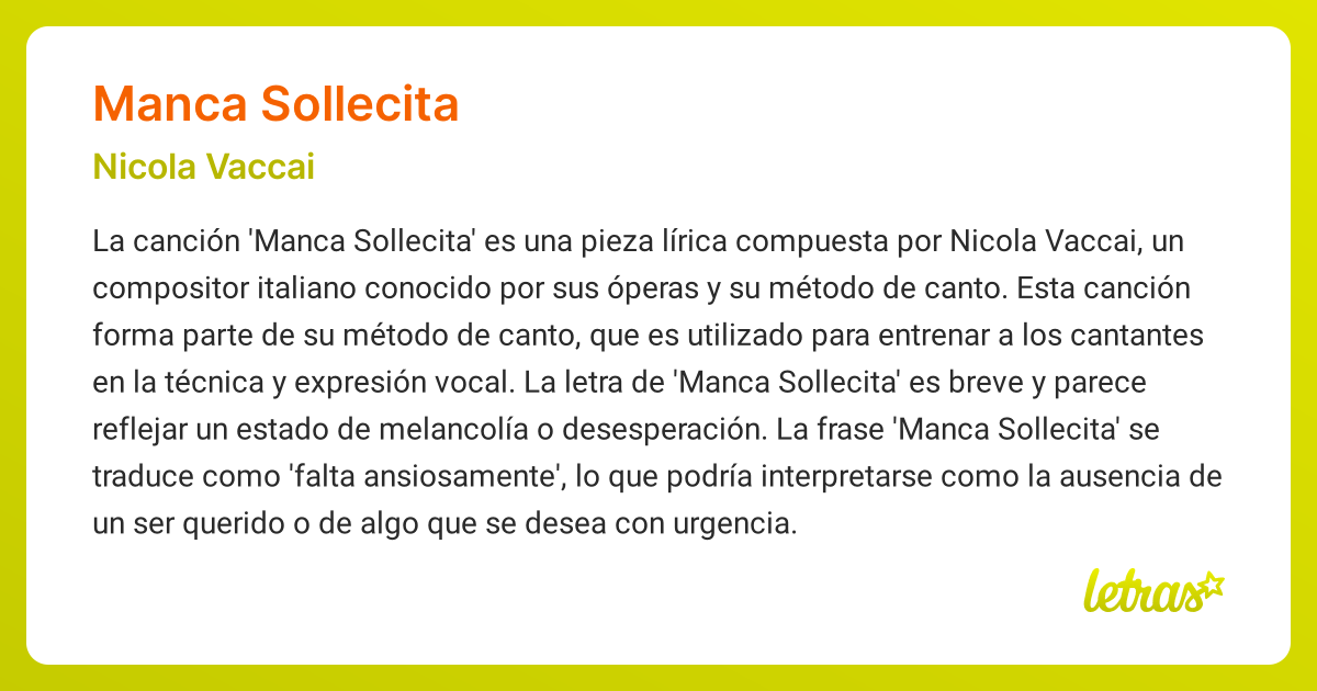 Significado de la canción MANCA SOLLECITA (Nicola Vaccai) - LETRAS.COM