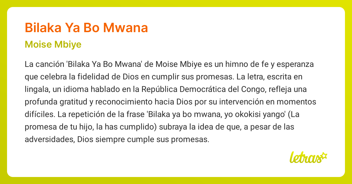 Significado de la canción BILAKA YA BO MWANA (Moise Mbiye) - LETRAS.COM