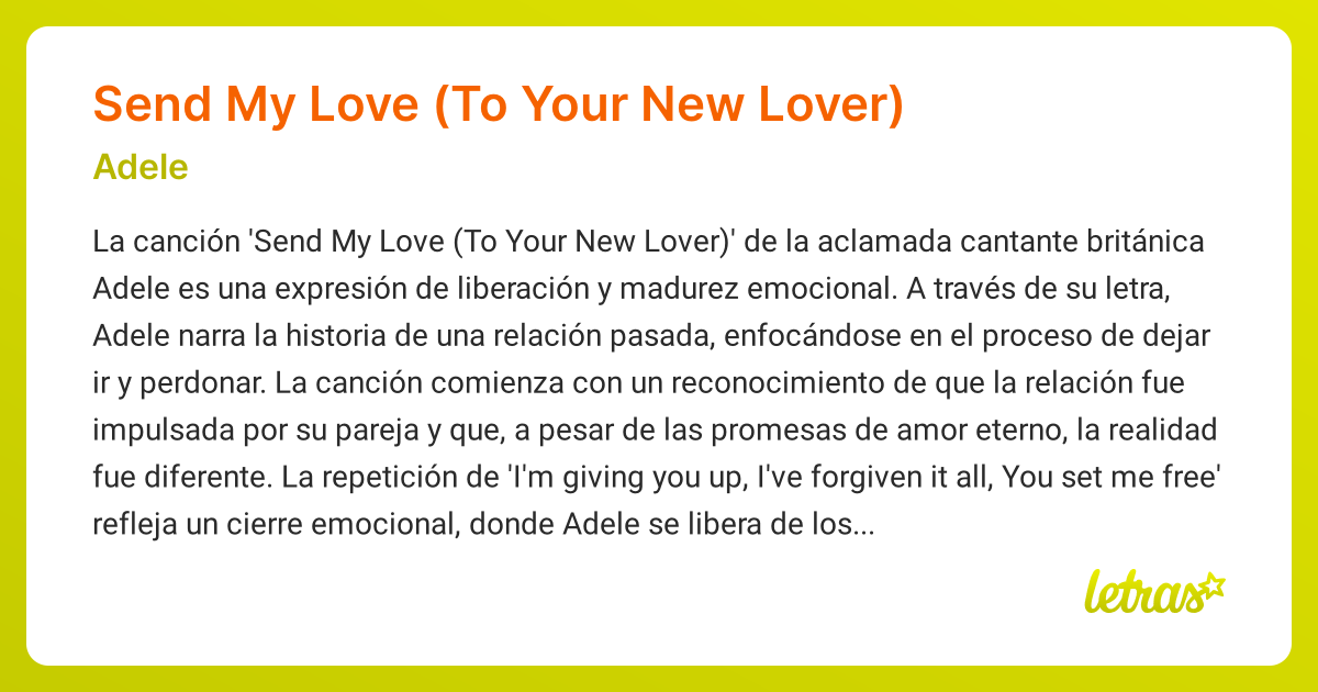 Significado de la canción Send My Love (To Your New Lover) (Adele) - LETRAS.COM
