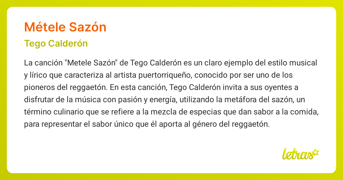 Significado de la canción MÉTELE SAZÓN (Tego Calderón) - LETRAS.COM