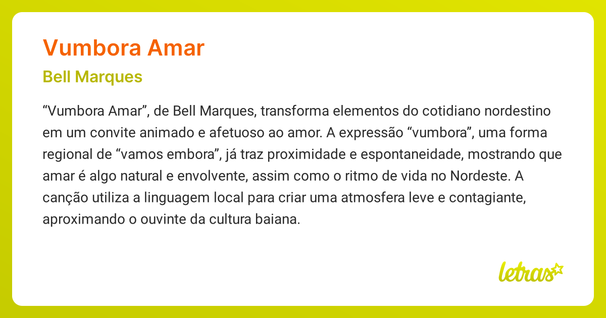 Significado da música VUMBORA AMAR (Bell Marques) - LETRAS.MUS.BR