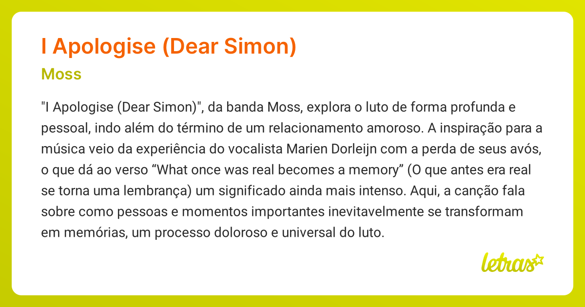 Significado da música I APOLOGISE (DEAR SIMON) (Moss) - LETRAS.MUS.BR