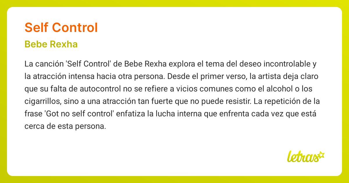 Significado de la canción SELF CONTROL (Bebe Rexha) - LETRAS.COM