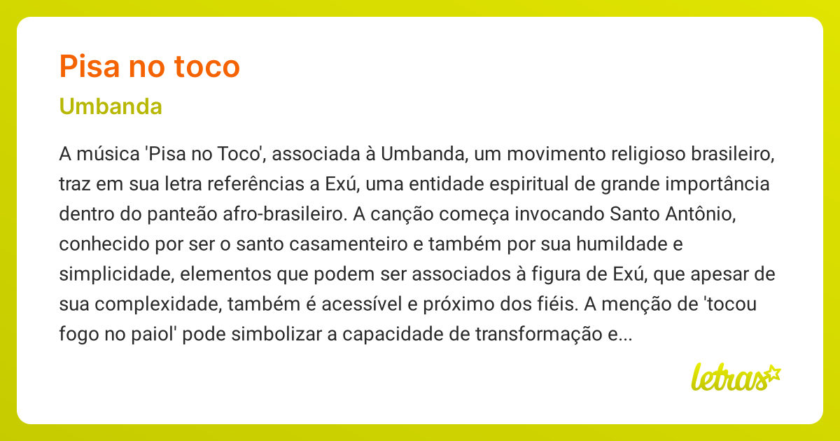 Significado da música PISA NO TOCO (Umbanda) - LETRAS.MUS.BR