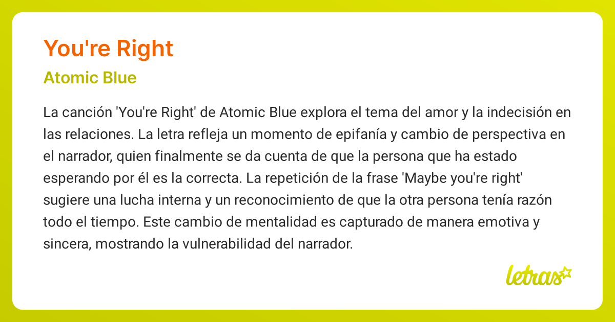 Significado de la canción YOU'RE RIGHT (Atomic Blue) - LETRAS.COM
