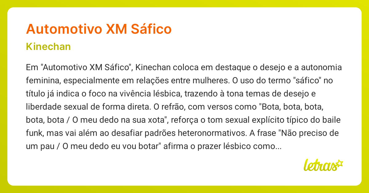 Significado da música AUTOMOTIVO XM SÁFICO (Kinechan) - LETRAS.MUS.BR
