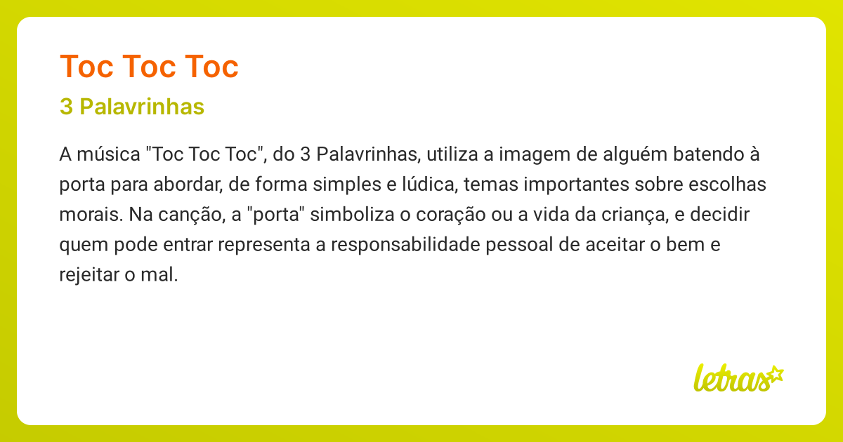 Significado da música TOC TOC TOC (3 Palavrinhas) - LETRAS.MUS.BR