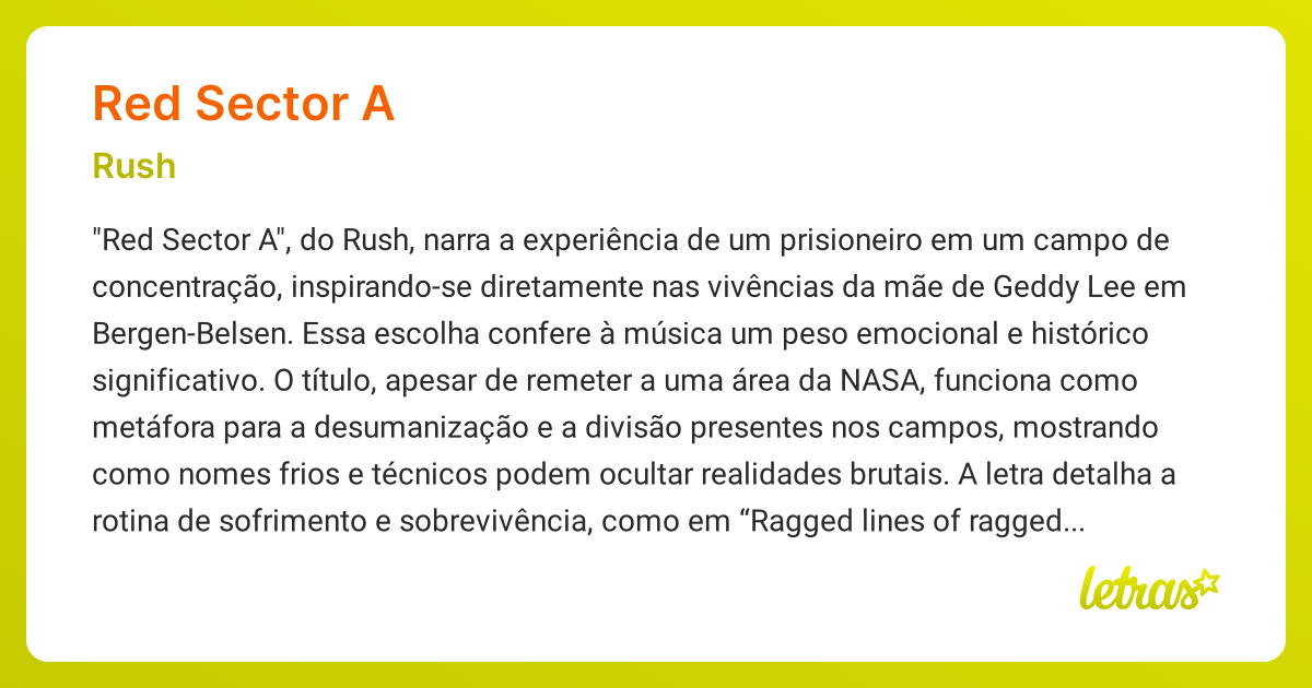 Significado da música RED SECTOR A (Rush) - LETRAS.MUS.BR