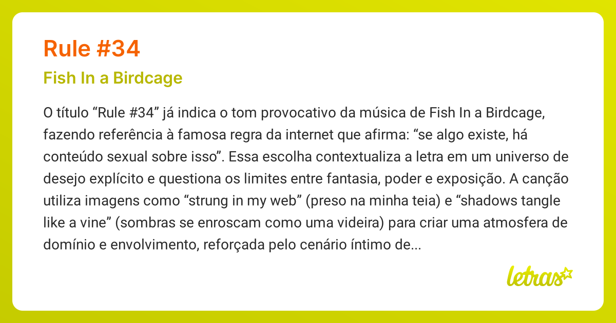 Significado da música RULE #34 (Fish In a Birdcage) - LETRAS.MUS.BR