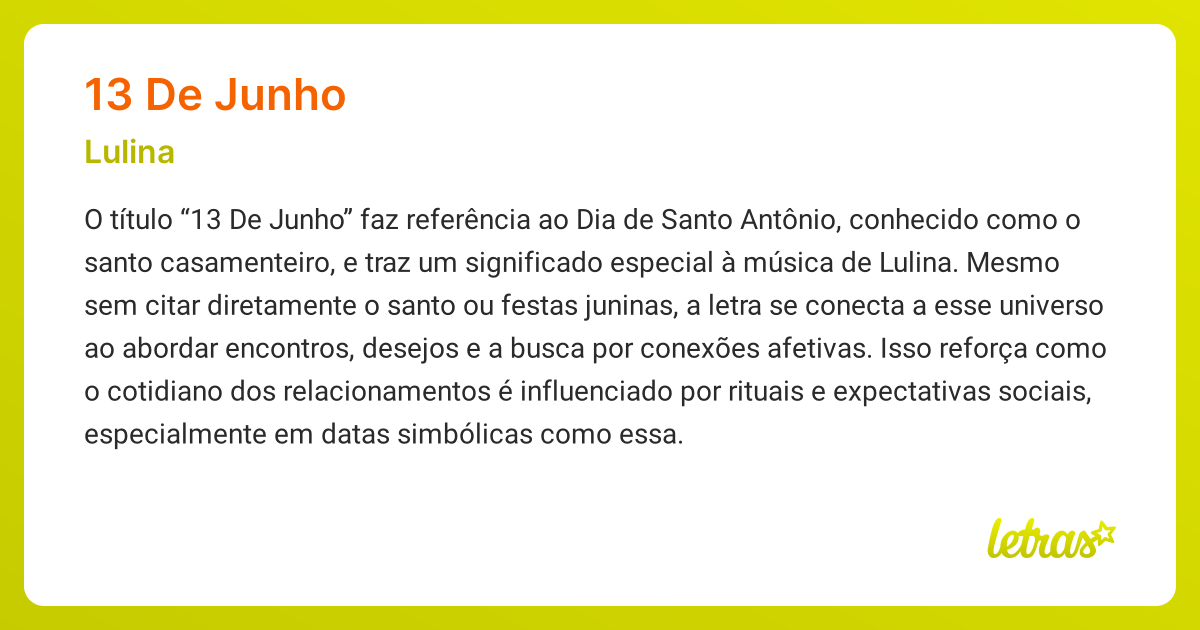 Significado da música 13 DE JUNHO (Lulina) - LETRAS.MUS.BR
