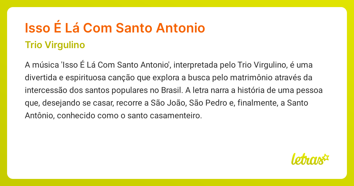 Significado da música ISSO É LÁ COM SANTO ANTONIO (Trio Virgulino ...
