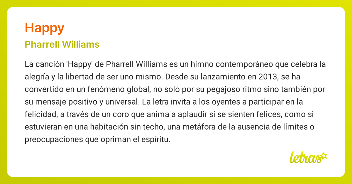 Significado de la canción HAPPY (Pharrell Williams) - LETRAS.COM