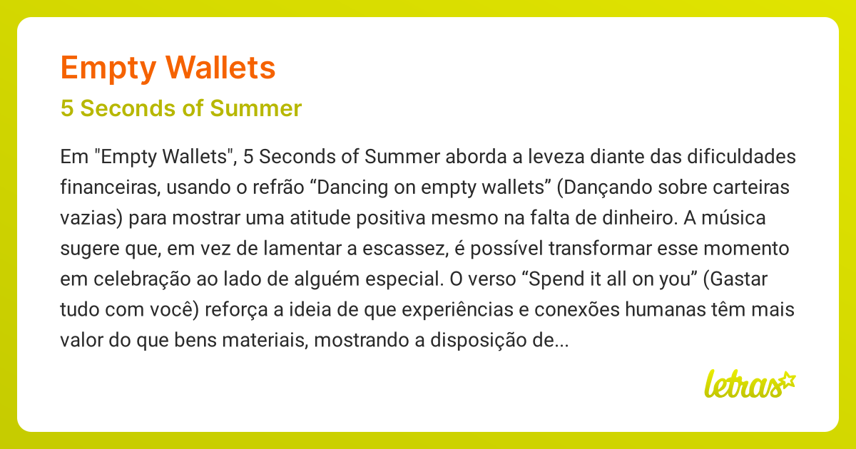 Significado da música EMPTY WALLETS (5 Seconds Of Summer) - LETRAS.MUS.BR