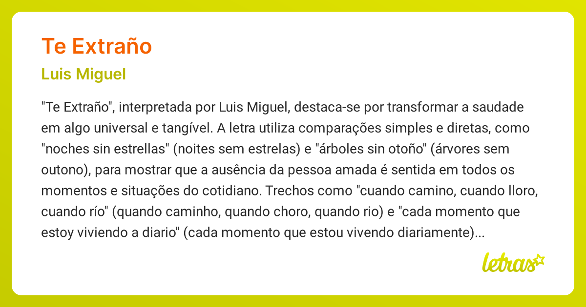 Significado da música TE EXTRAÑO (Luis Miguel) - LETRAS.MUS.BR