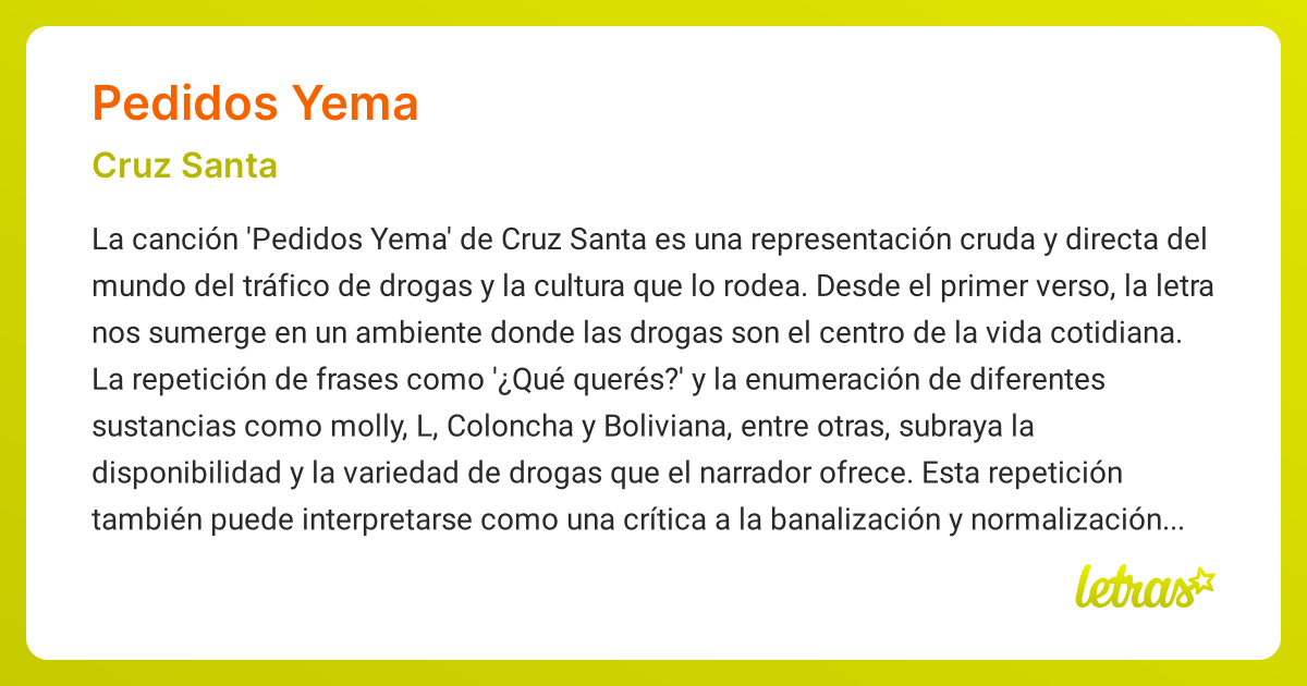 Significado de la canción PEDIDOS YEMA (Cruz Santa) - LETRAS.COM
