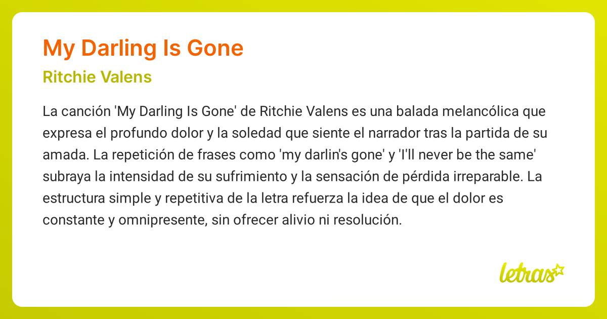 Significado de la canción MY DARLING IS GONE (Ritchie Valens) - LETRAS.COM