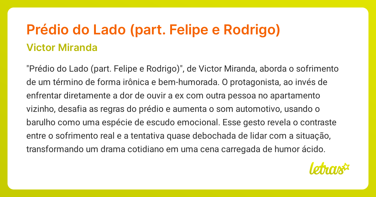 Significado da música Prédio do Lado (part. Felipe e Rodrigo) (Victor ...